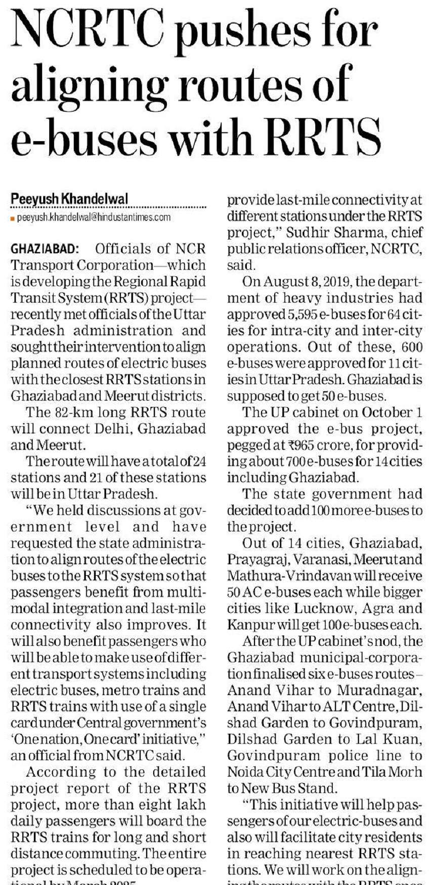 NCRTC pushes for aligning routes of e-buses with RRTS – Hindustan – NCRTC