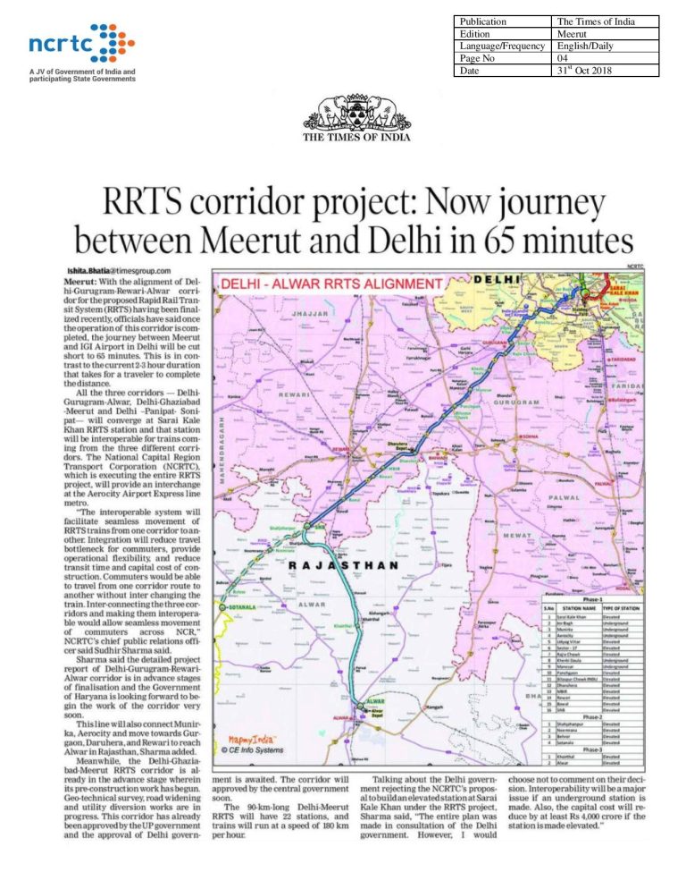 RRTS Corridor project – The Times of India – NCRTC