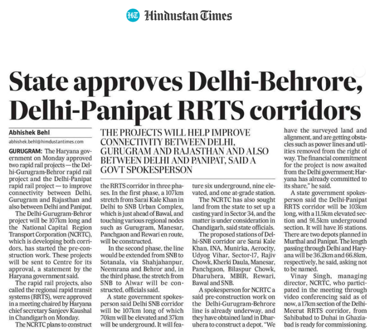 State approves Delhi-Behrore, Delhi-Panipat RRTS corridors – Hindustan Times – NCRTC